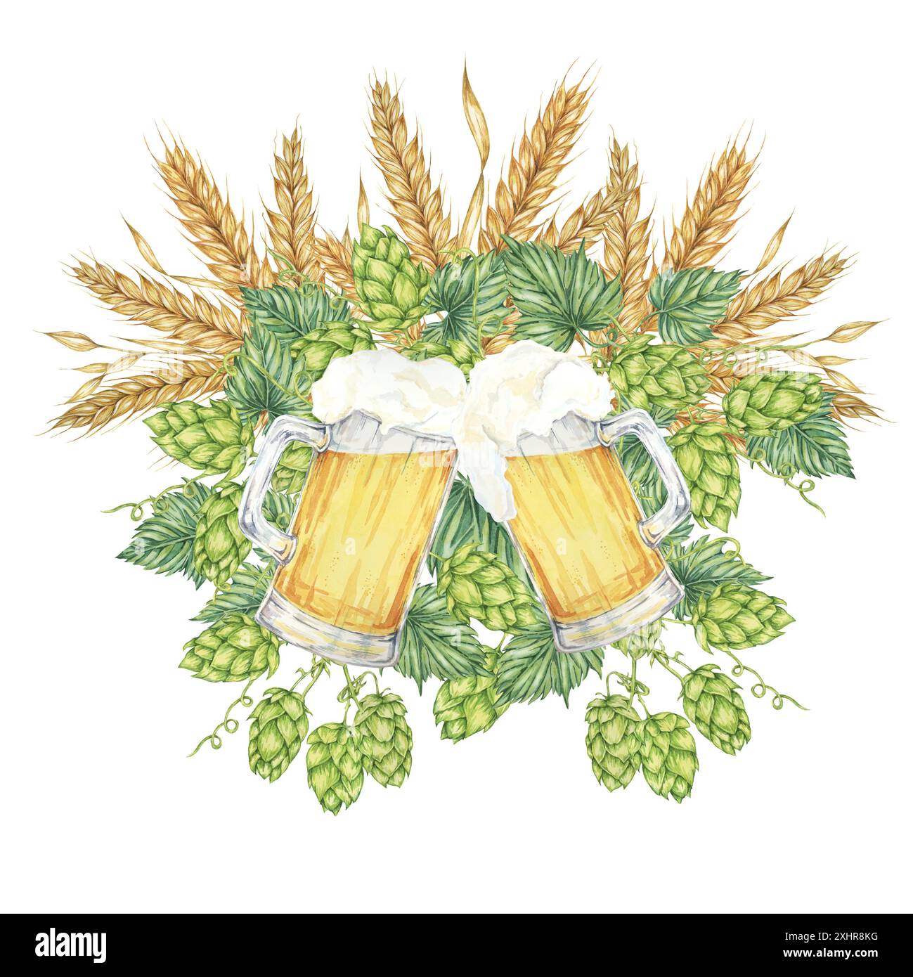 Cheers with beer mugs with light lager beer surrounded by barley ears ...