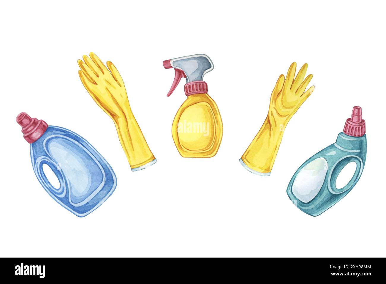 Various cleaning supplies including gloves, spray bottles, and ...