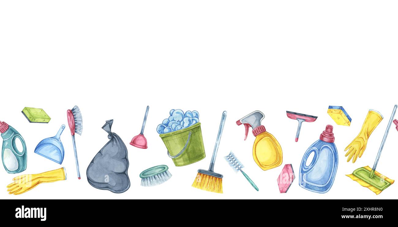 Cleaning toolkit seamless border. Watercolor banner clipart for ...