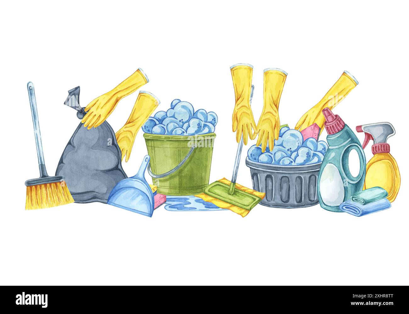 Cleaning scene with hands in yellow rubber gloves. Watercolor clipart ...