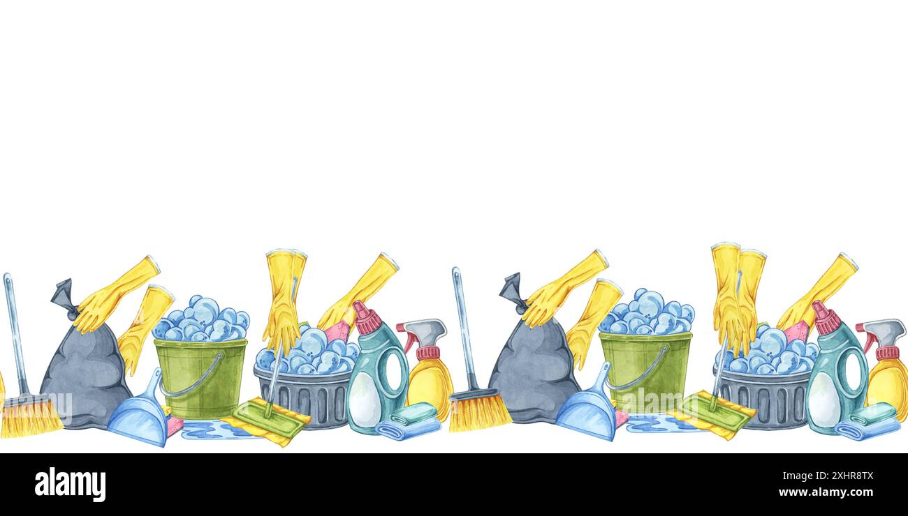 Cleaning scene with hands in yellow rubber gloves. Watercolor seamless ...