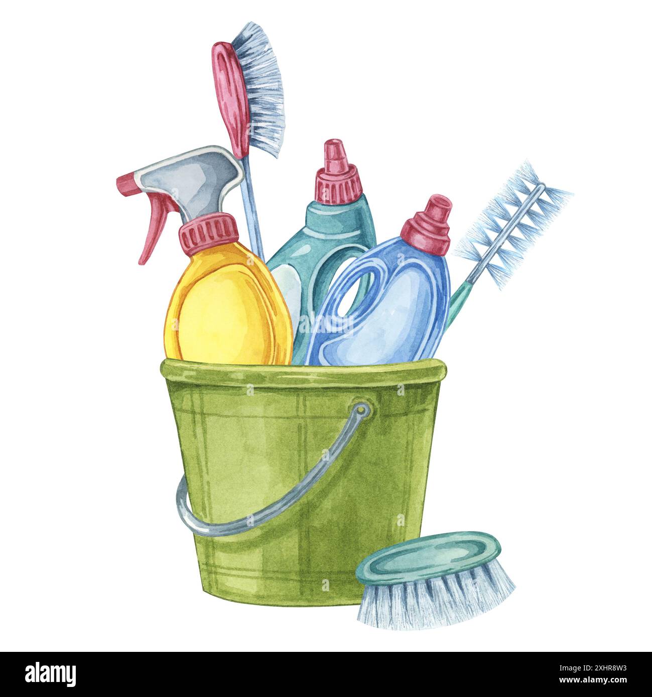 Green bucket packed with cleaning tools such as bottles, brushes, and a ...