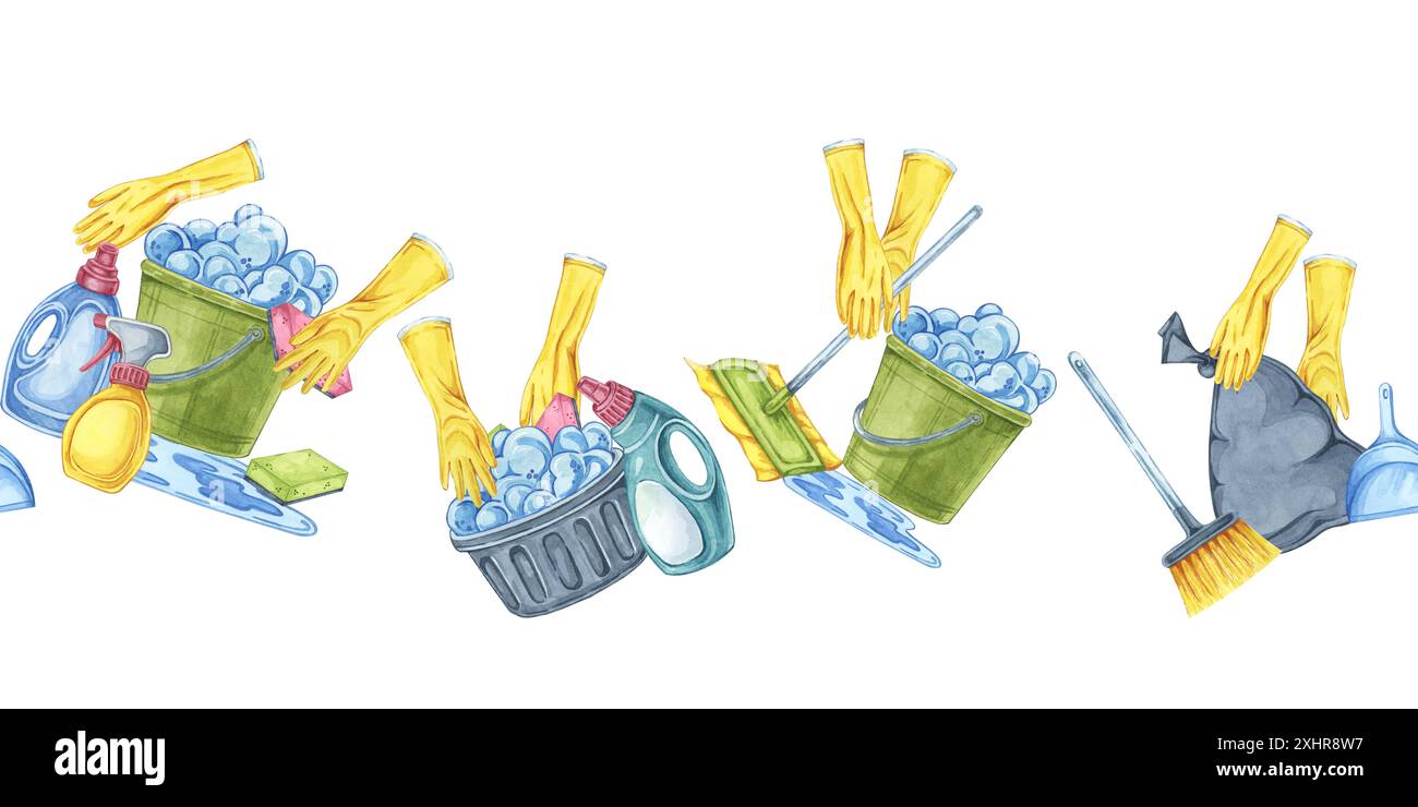 Cleaning scene with hands in yellow rubber gloves. Watercolor seamless ...