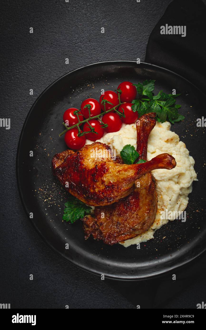 Fried duck shank, cauliflower puree, cherry tomatoes, homemade, no ...