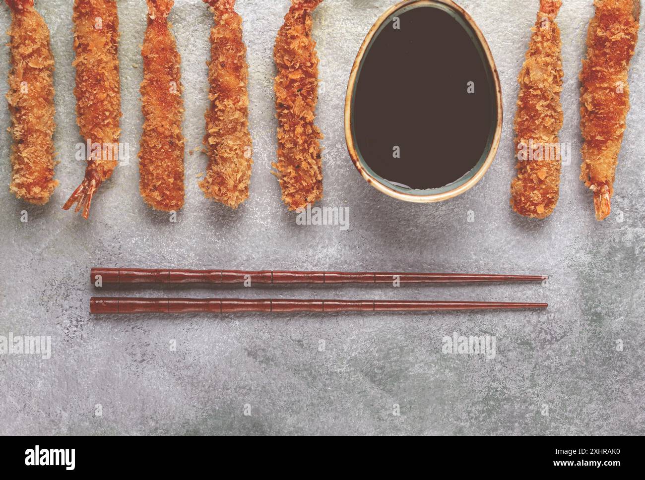 Fried tiger prawns in tempura, top view, soy sauce, chopsticks Stock ...