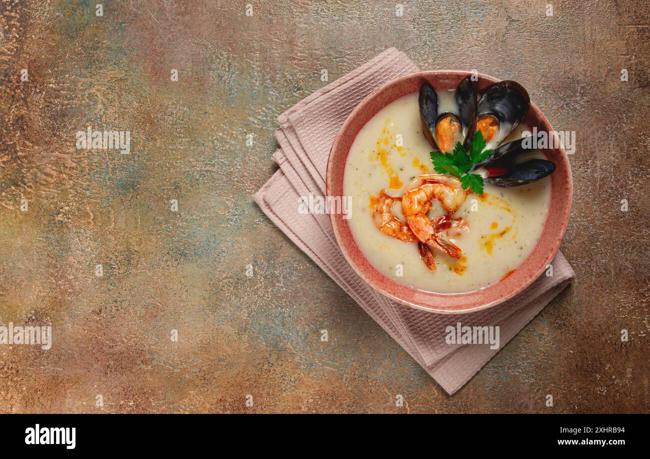 Cream soup, chowder with mussels and shrimp, American cuisine, homemade ...