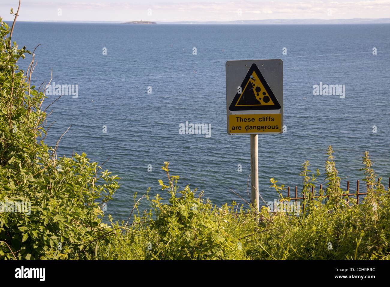 Yellow sign with warning text "These cliffs are dangerous" in grass ...