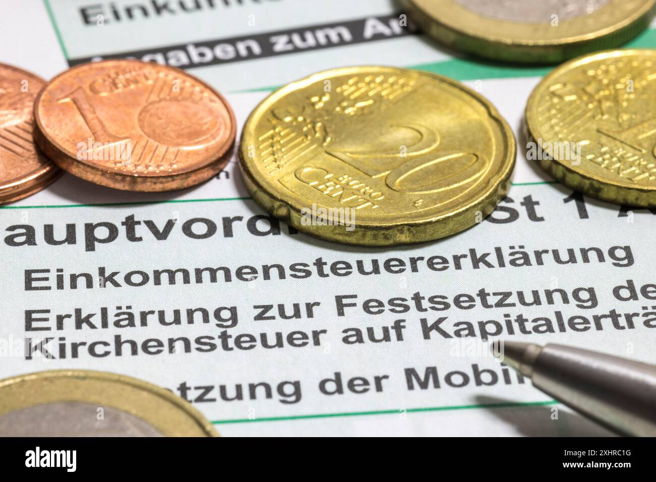 Income tax return, main form ESt 1 A, form, biros, EURO, coins Stock ...