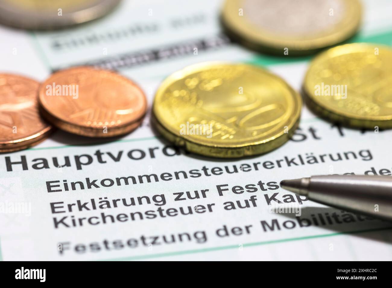 Income tax return, main form ESt 1 A, form, biros, EURO, coins Stock ...