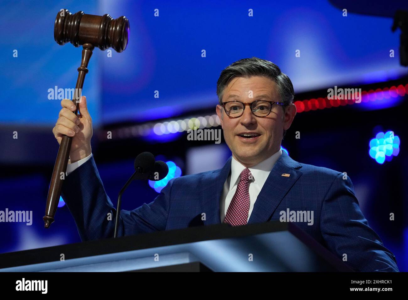 Speaker of the House Mike Johnson, R-La., tests out the gavel during a ...