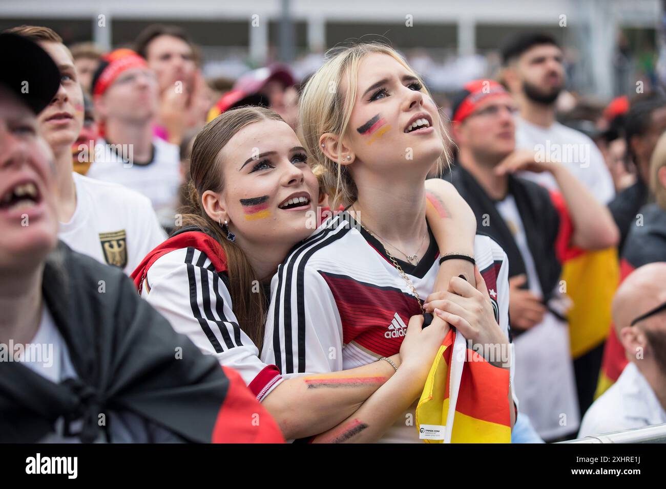 Two female football fans in the fan zone at the Brandenburg Tor during ...