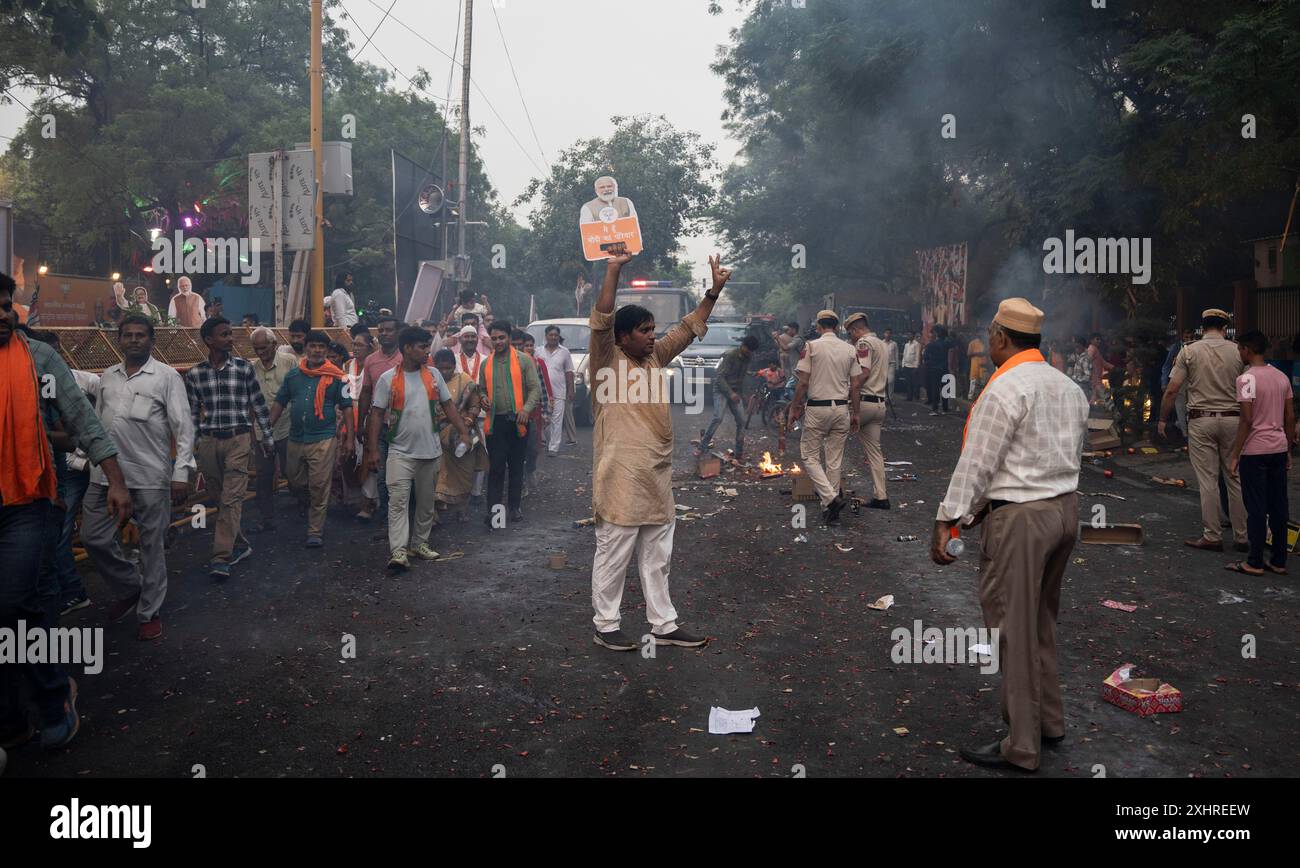 New Delhi, India, 4 June 2024. Bharatiya Janata Party (BJP) supporters ...