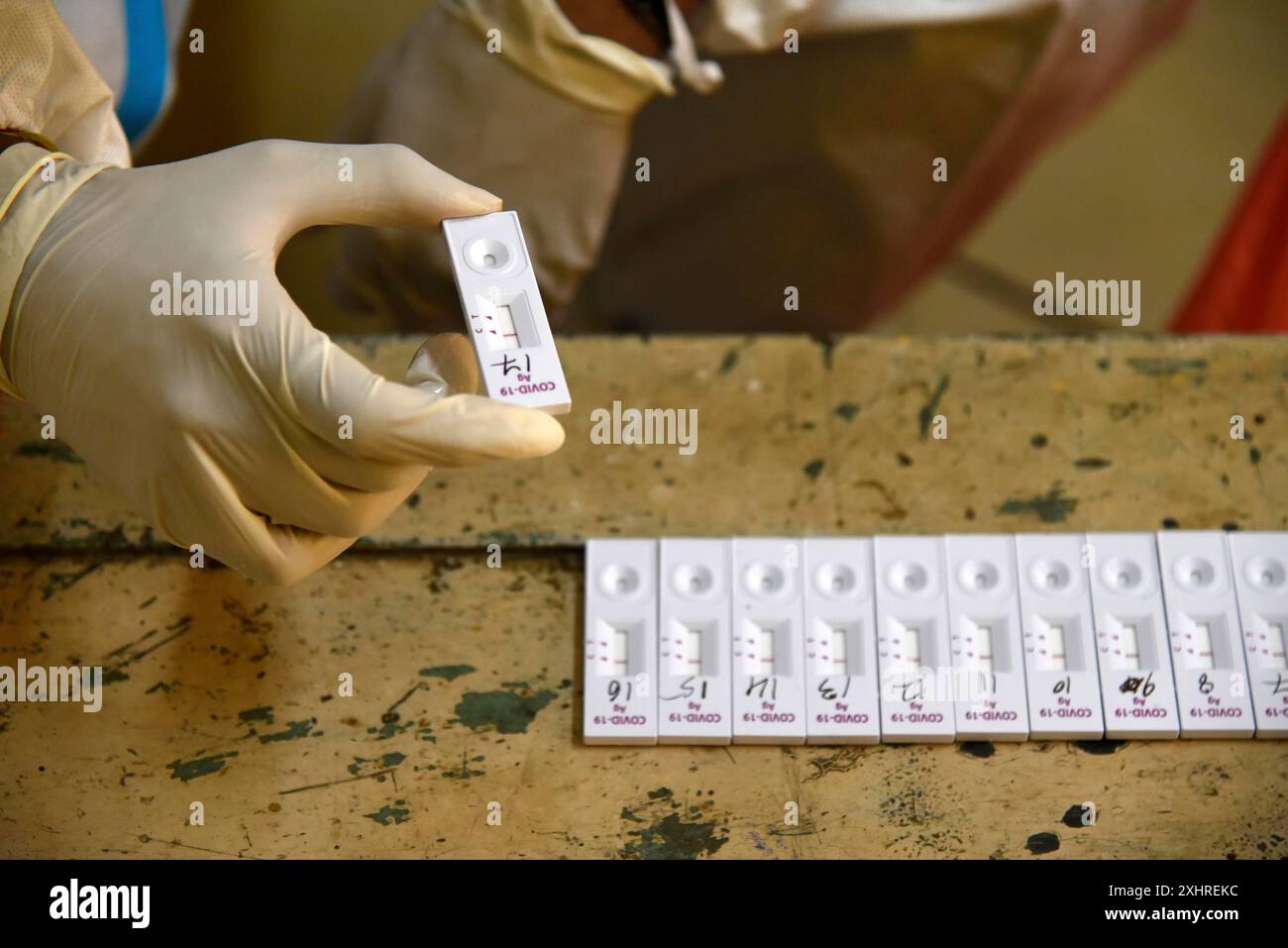 A health worker showing a negative result of Covid-19 Rapid Antigen ...