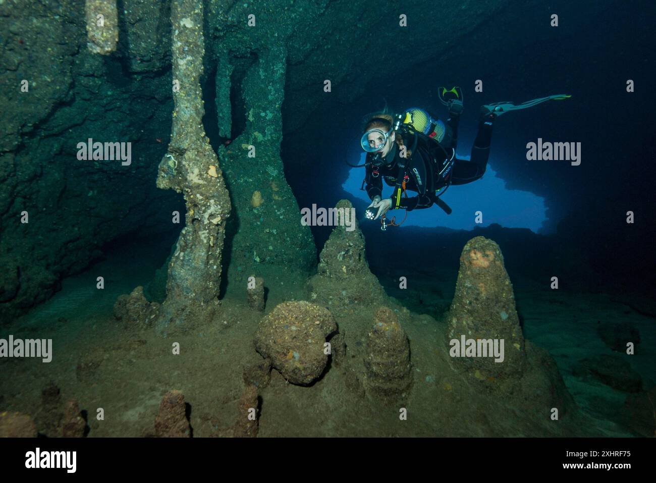 Scuba diver female diver swimming dives in entrance area of underwater ...