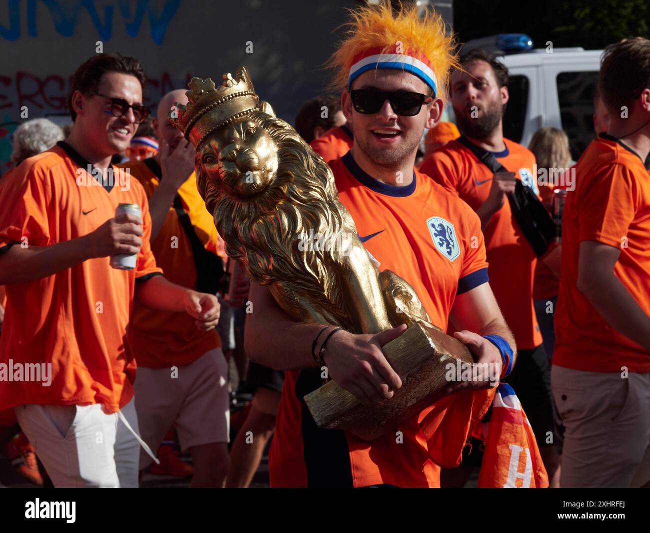 Dutch fan with lion trophy in front of the European Championship ...