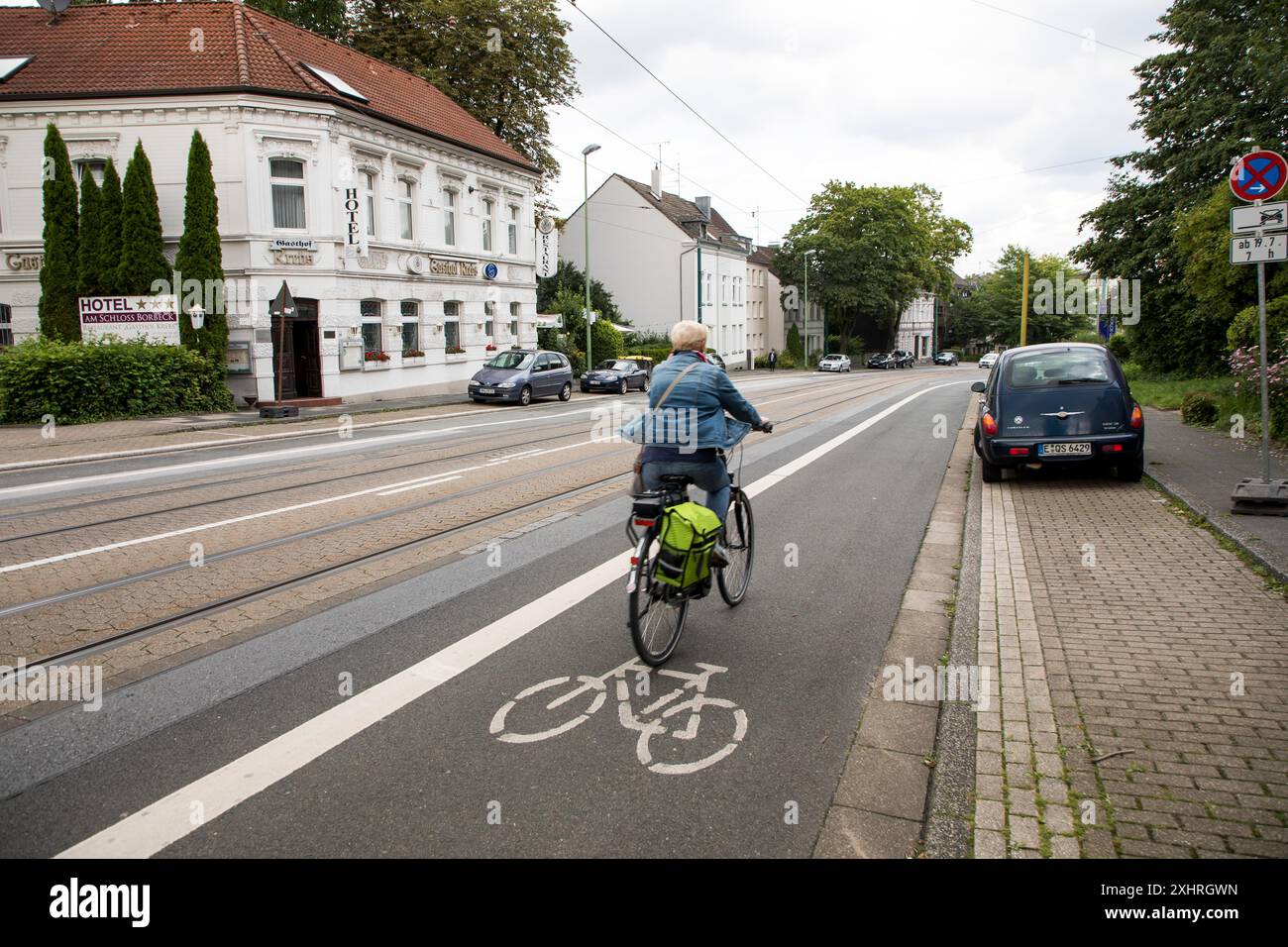 Cycle lane in Essen, cyclists have their own lane on a city centre ...