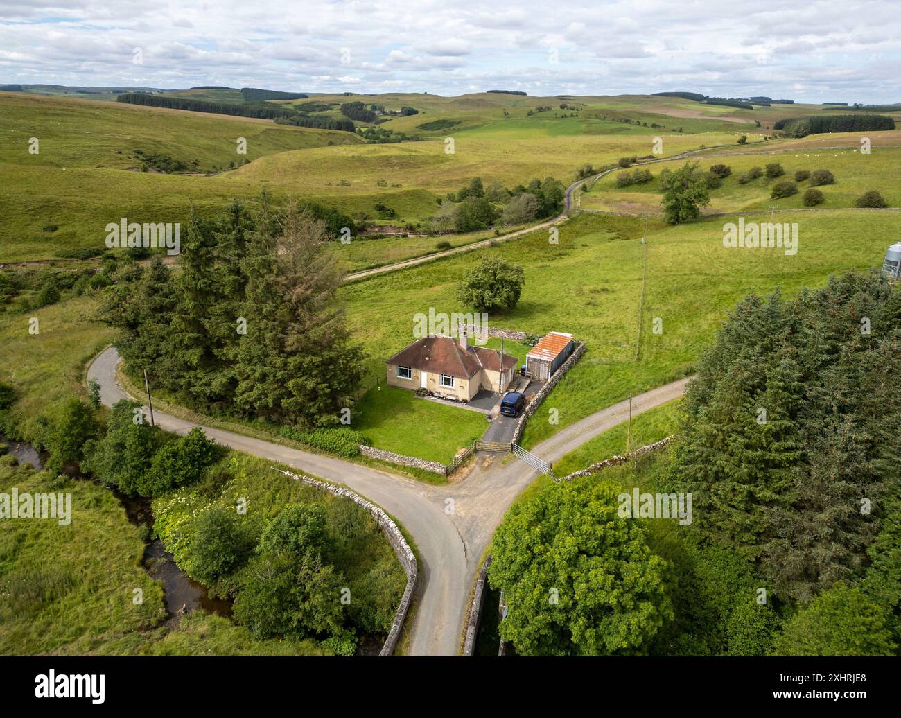 Aerial view of Dodburn cottage, Allan Water, Hawick, Scottish Borders ...