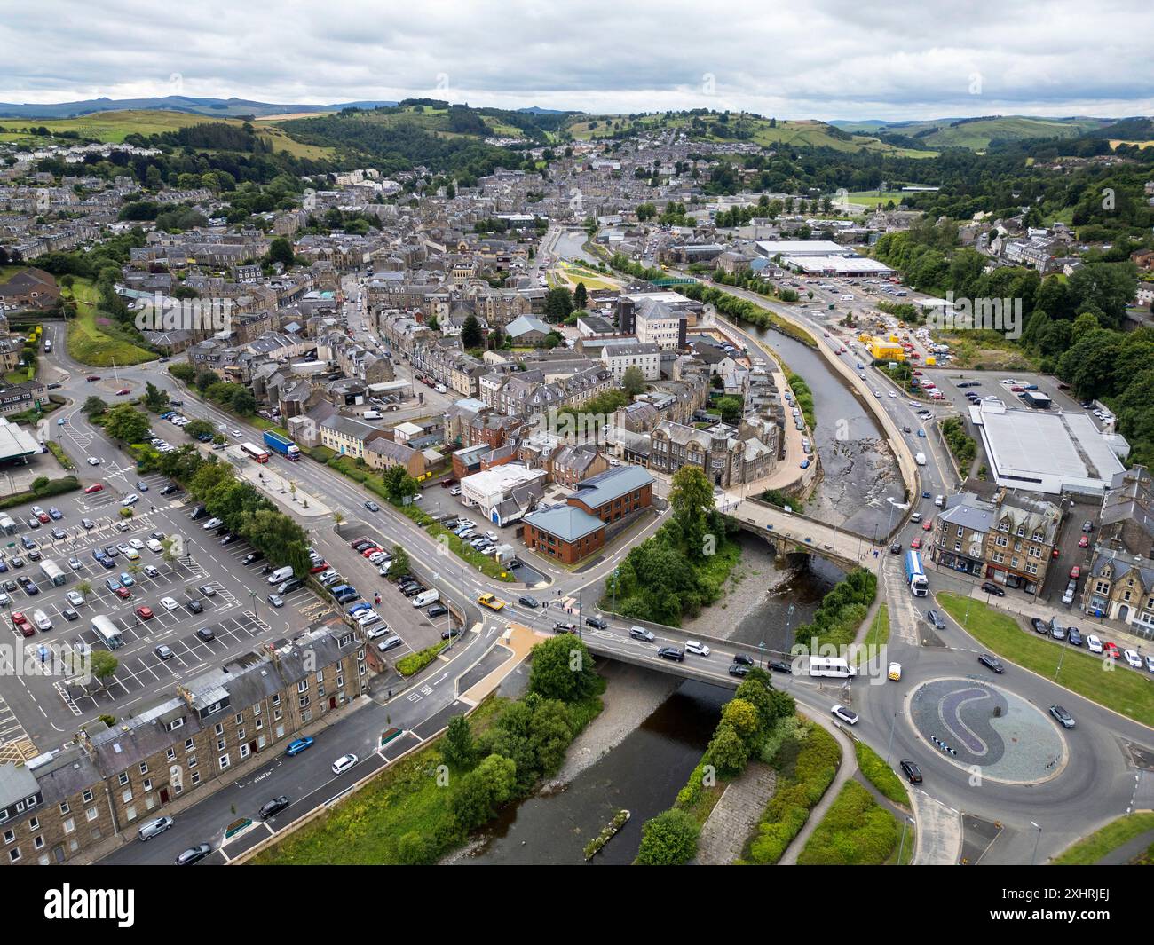 Aerial view of Hawick town centre and the River Teviot, Hawick ...