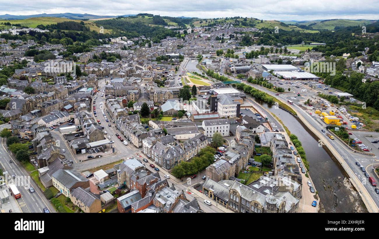 Aerial view of Hawick town centre and the River Teviot, Hawick ...