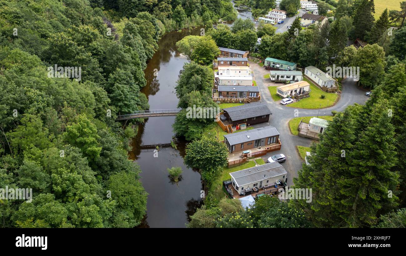 Aerial view of Riverside caravan park, Hornshole, Hawick, Scotland ...