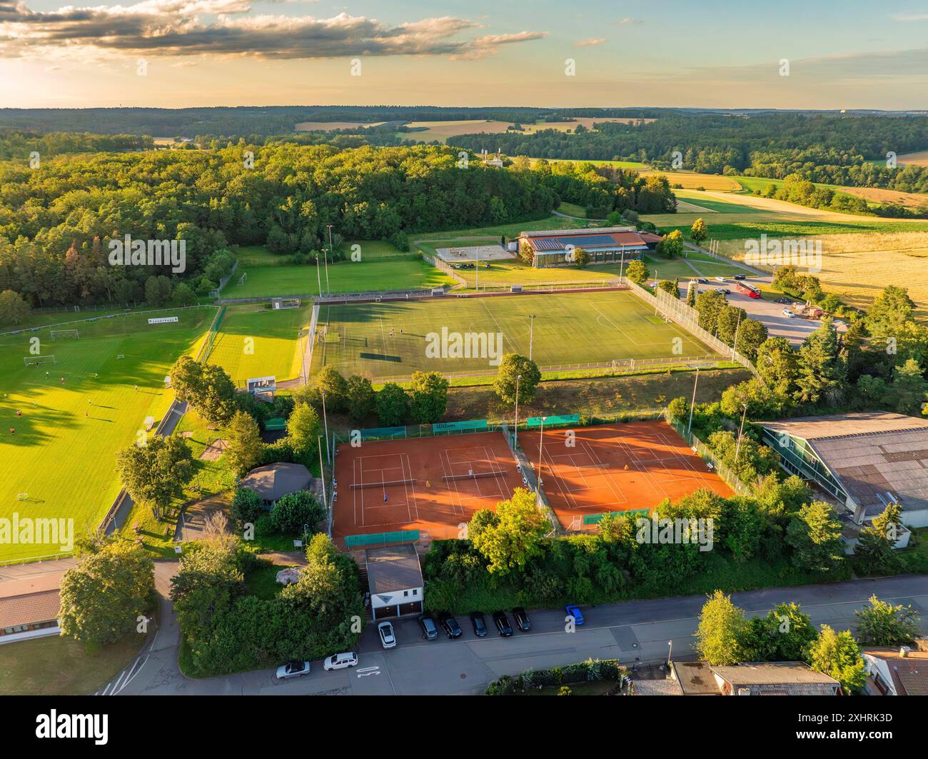 Aerial view of a sports facility with tennis courts and football ...