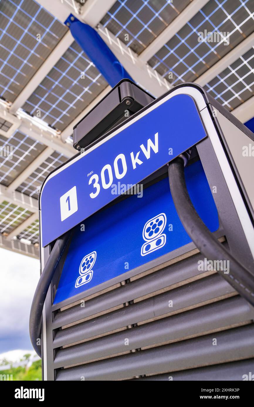 Close-up of a 300 kW charging station under solar roofs, symbols for ...