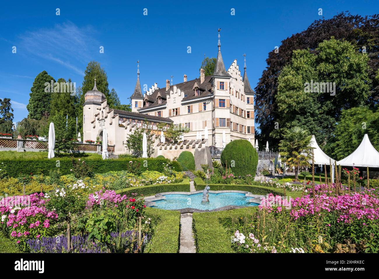 View over the castle garden with fountain to the historic Seeburg ...