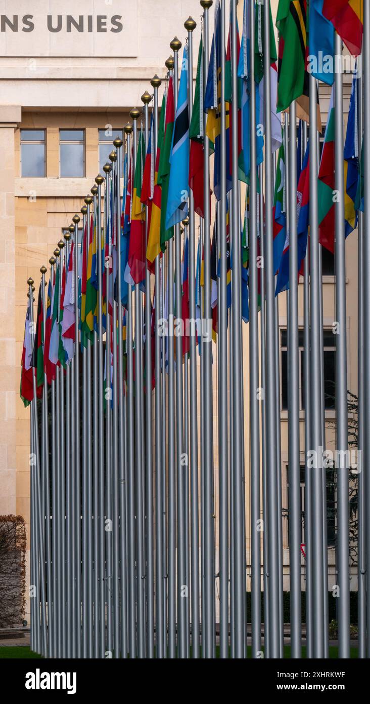 A vertical shot of the United Nations Member States' flags raised at ...