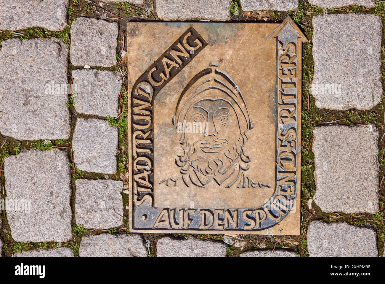 Tourist signpost for a tour of the town In the footsteps of the knight ...