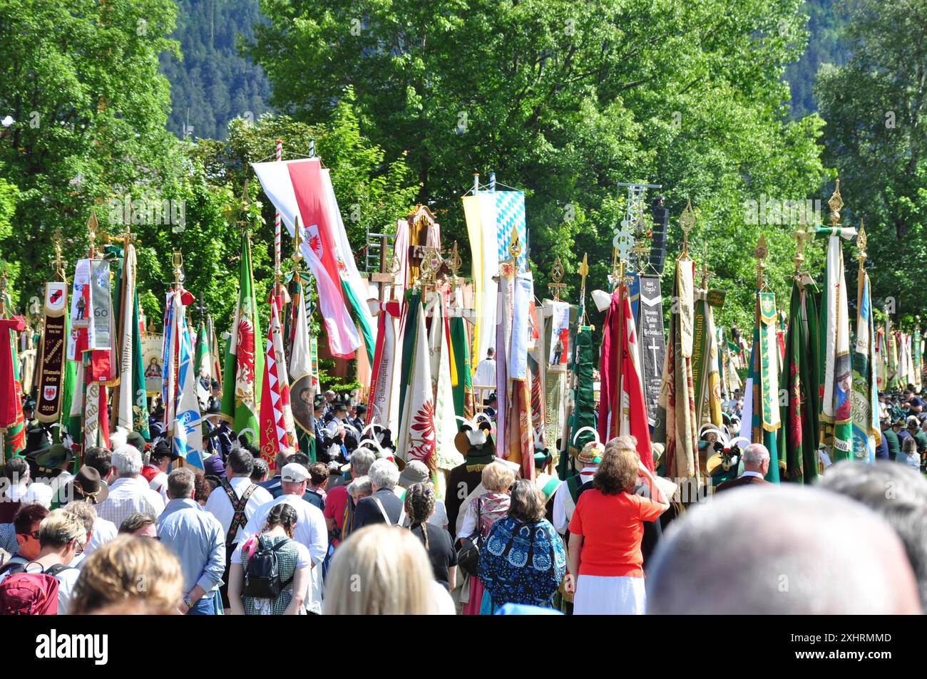 Large crowd of people in traditional costumes and colourful flags at a ...