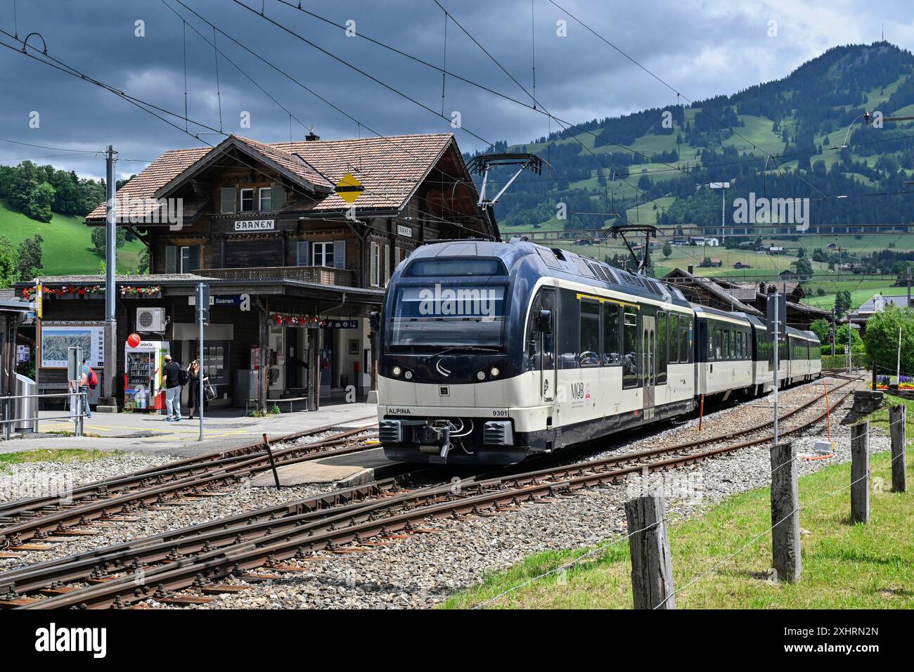 Saanen railway station MOB passenger train Alpina 9201 Stock Photo - Alamy