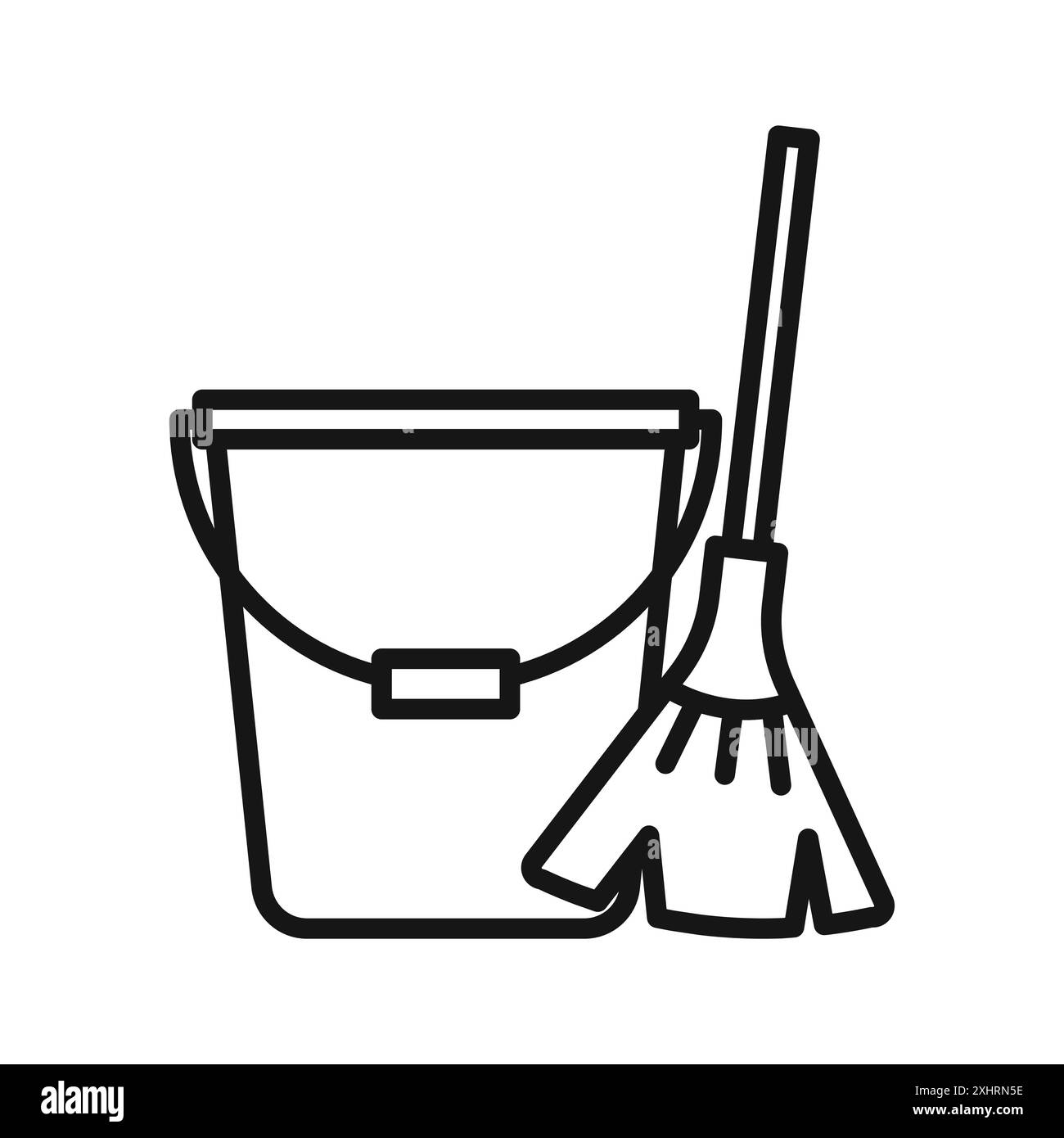 Besom With Stick And Pail Icon Black Line Art Vector In Black And White Outline Set Collection