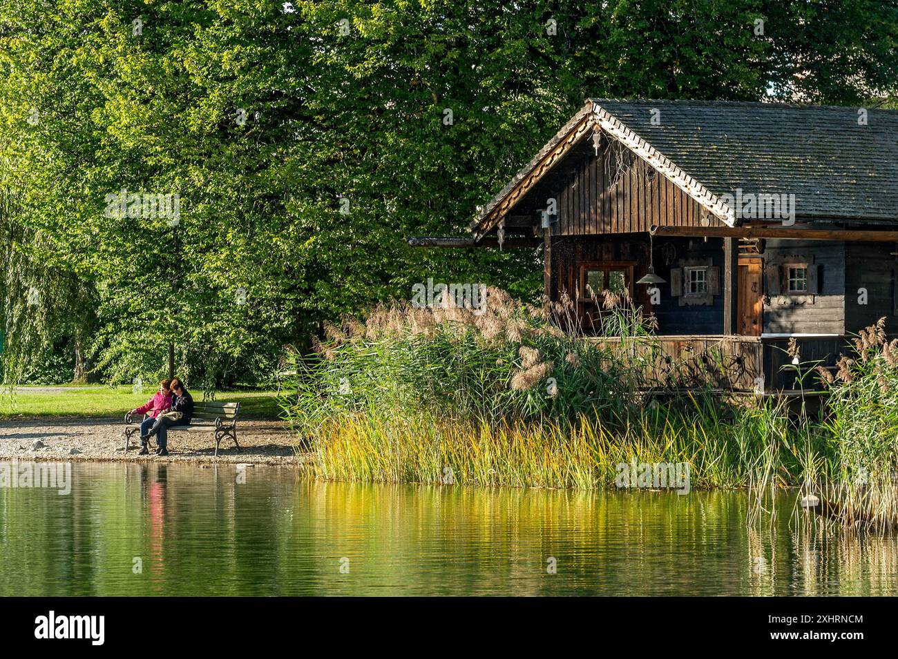 Wooden hut with common reed (Phragmites australis), two woman on a park ...