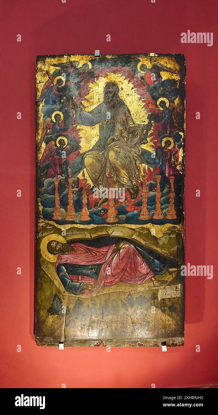 Old icon painting depicting Jesus and other religious scenes on a red ...