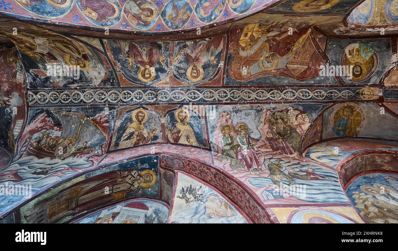 Orthodox church frescoes with biblical scenes and religious icons on ...