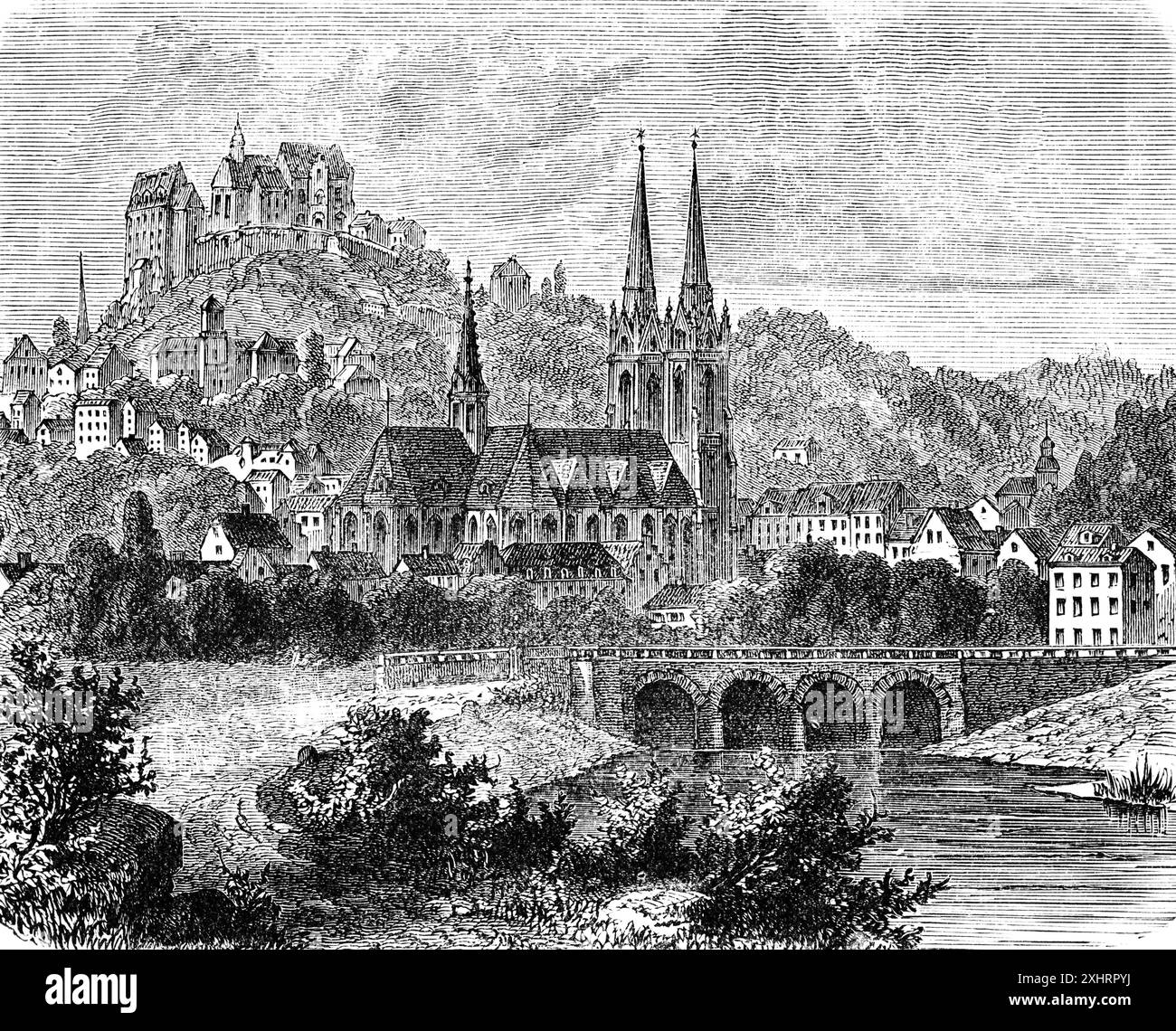 Townscape of Marburg, Lahn, with Elisabeth Church, Gothic hall church ...