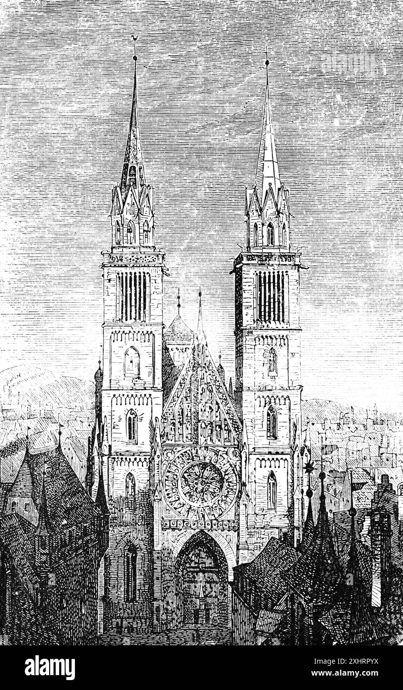 Gothic St Lawrence Church in Nuremberg, double tower, rose window ...