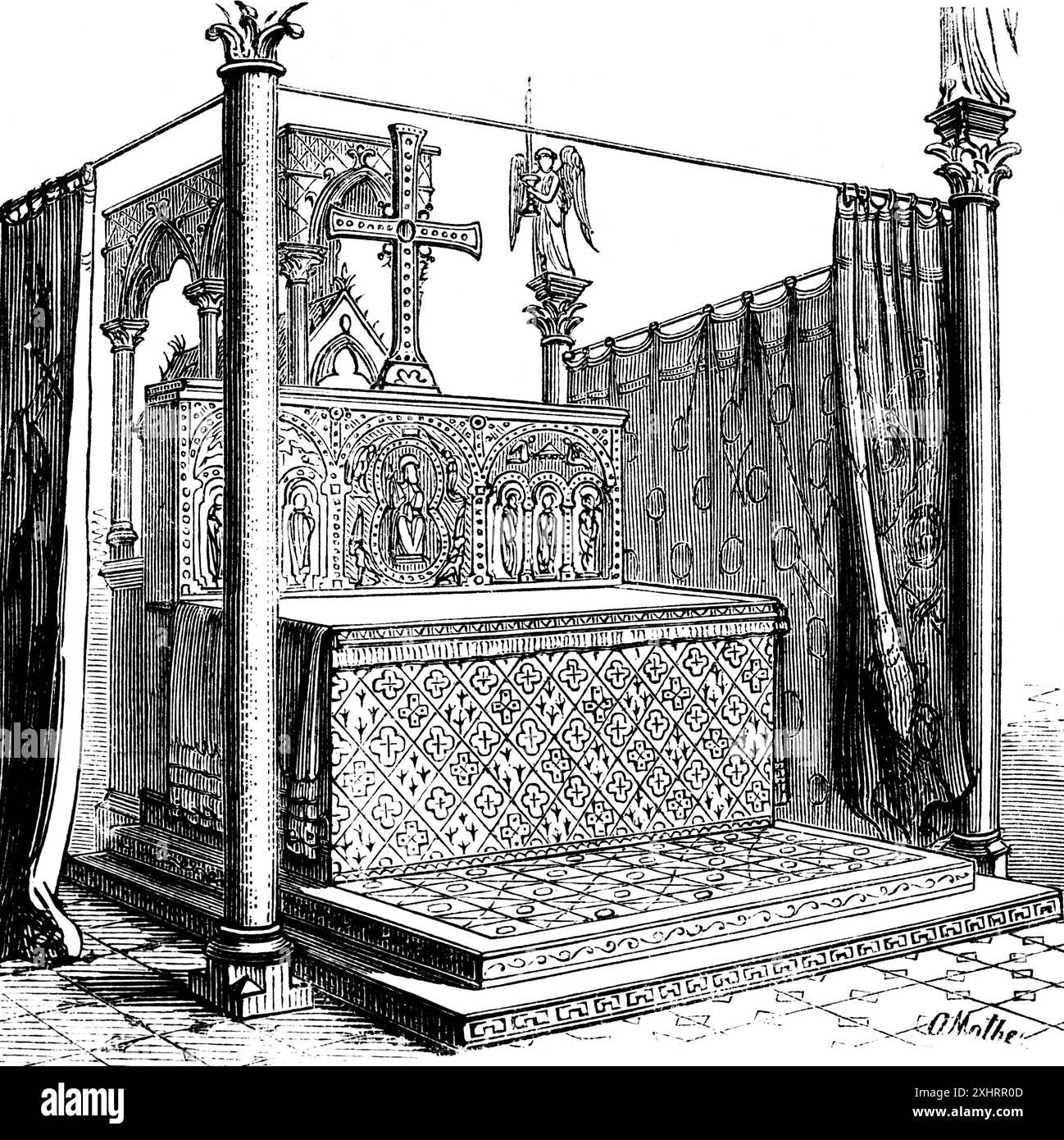 Early Gothic altar with tetravelum, a four-part curtain, cross, angels ...