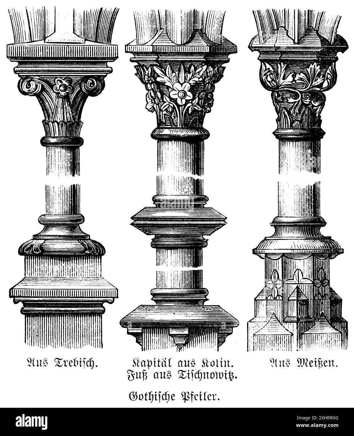 Gothic pillars with base and capital from Trzebiszewo Poland, Meissen, Ti?nov Czech Republic ...