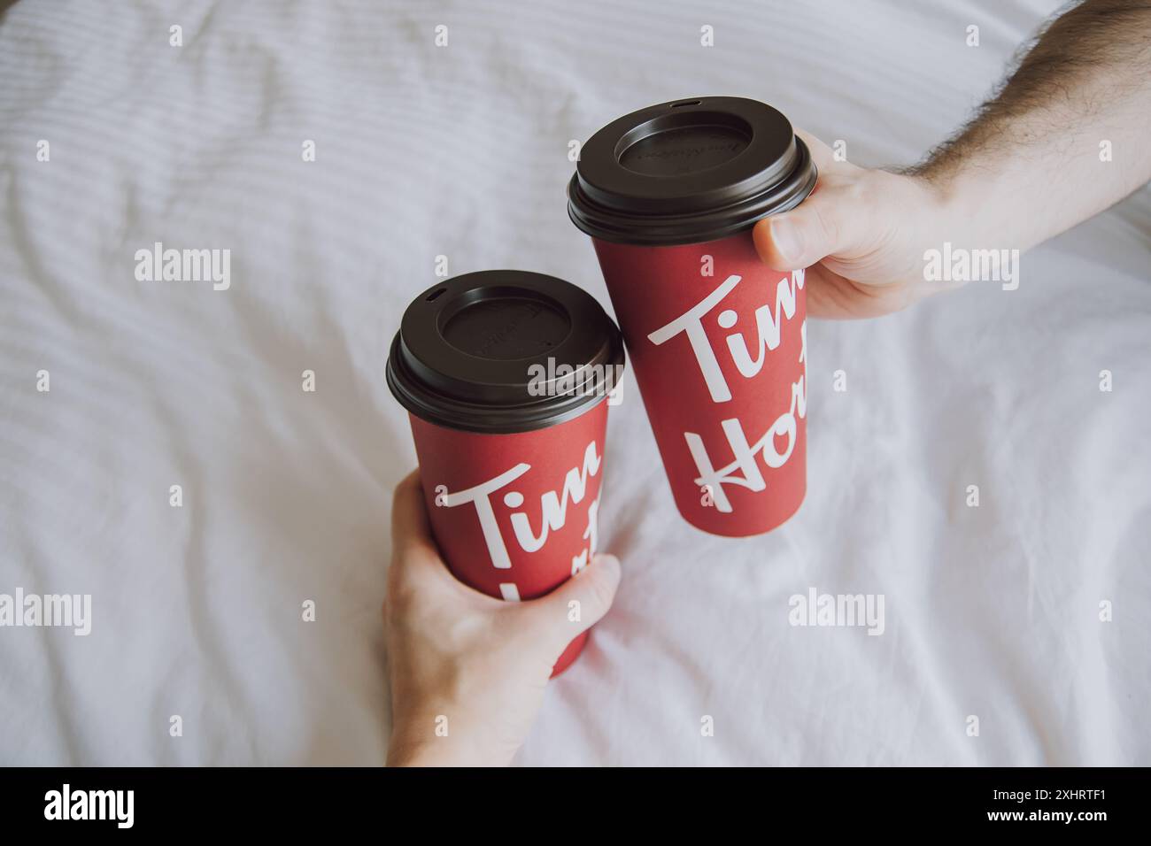 DUBAI, UAE - 9 AUGUST 2020: Tim Hortons takeaway red coffee cup with ...