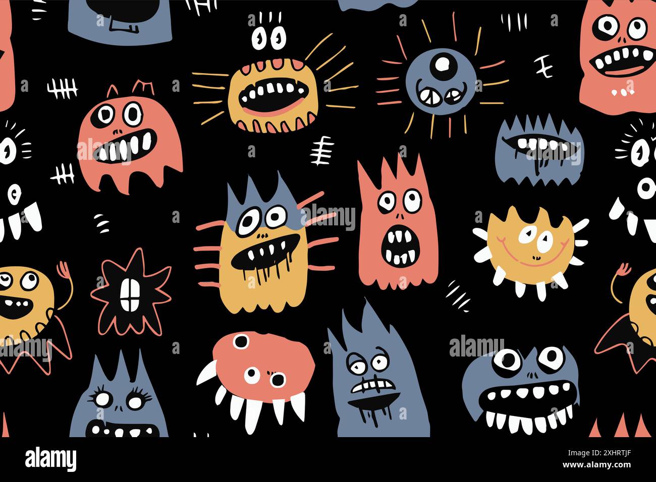 Cute cartoon monsters seamless pattern. Cosmic little aliens smile ...