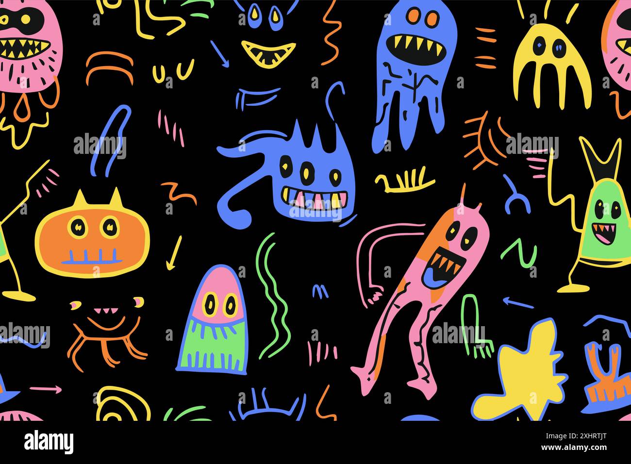 Cute cartoon monsters seamless pattern. Cosmic little aliens smile ...