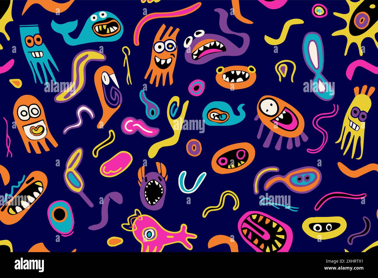 Cute cartoon monsters seamless pattern. Cosmic little aliens smile ...