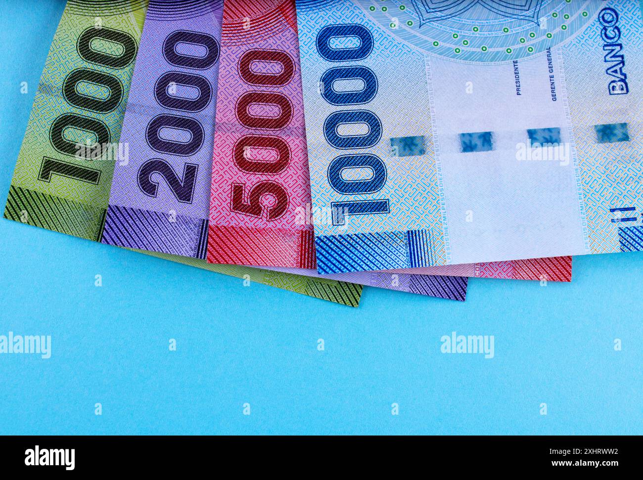 Detail of several banknotes of 1000, 2000, 5000 and 10000 Chilean pesos ...