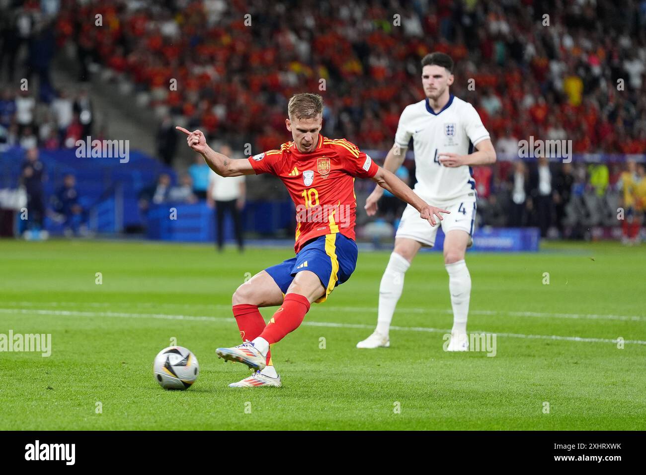 Spain's Dani Olmo attempts a shot on goal during the UEFA Euro 2024 ...