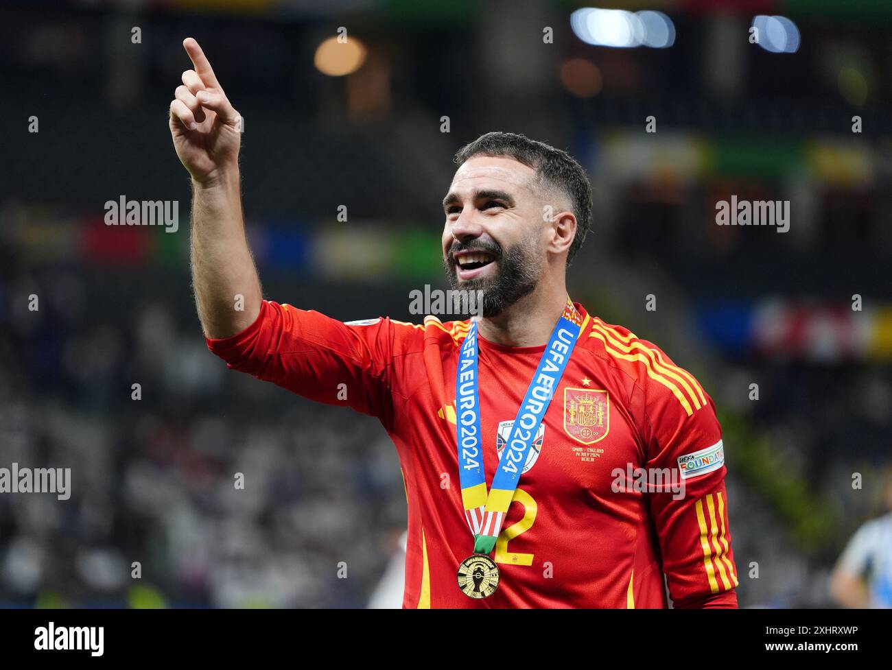 Spain's Daniel Carvajal gestures towards the crowd after winning the ...
