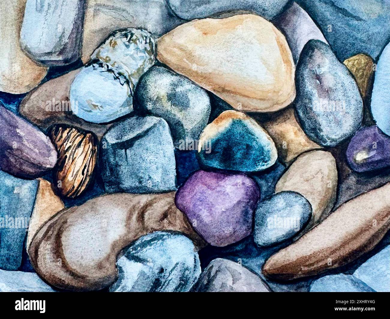 Sea stones watercolor illustration. Hand drawn pebbles. Landscape beach ...