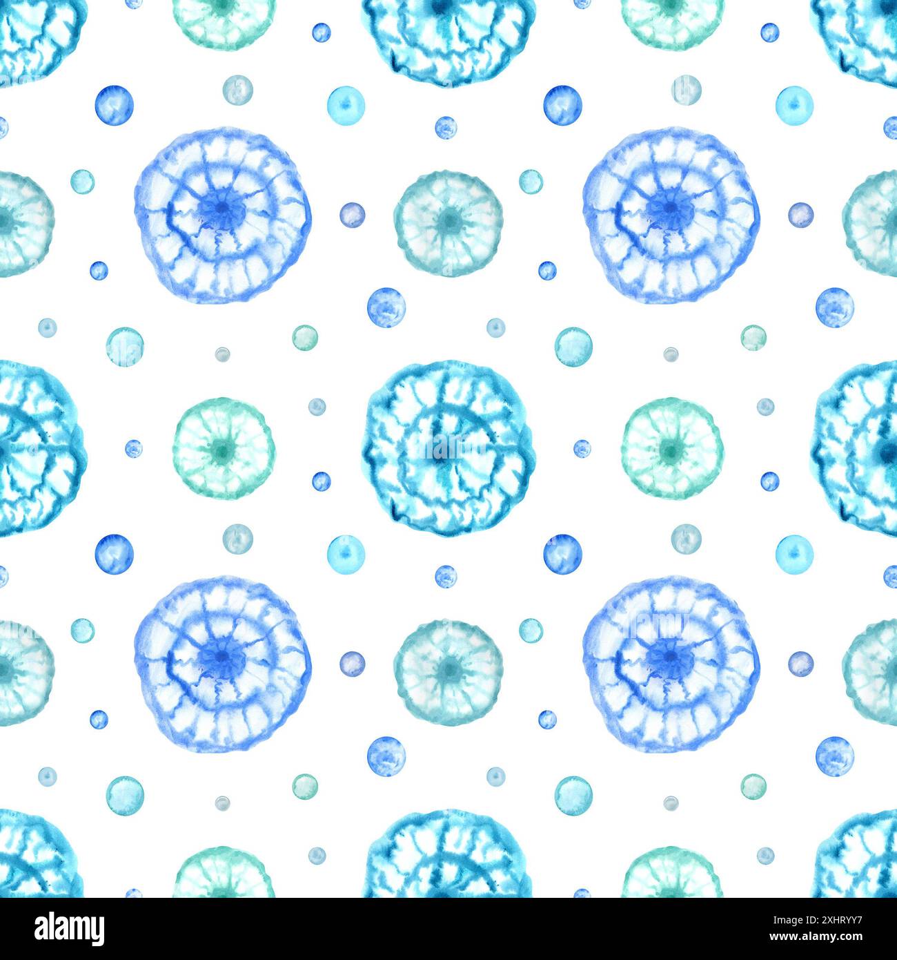 Blue watercolor sea shell. Top view of jellyfish. Aqua ocean elements ...