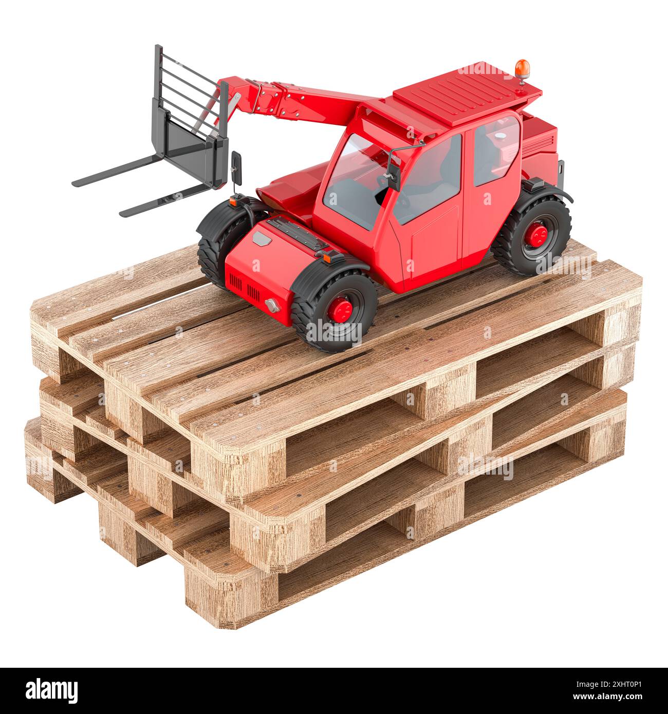Telescopic handler on the wooden pallets. 3D rendering isolated on ...