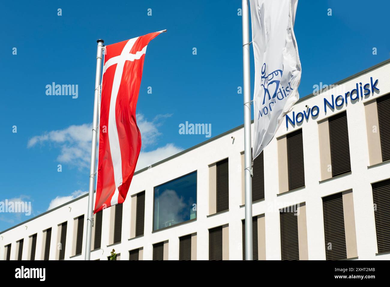 Novo Nordisk advertising flags and logo on facade, Danish ...